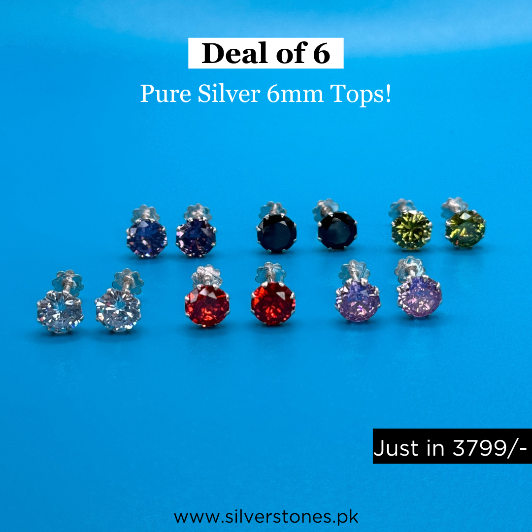 6 Pairs 6mm Zircon Silver Tops - Multicolor